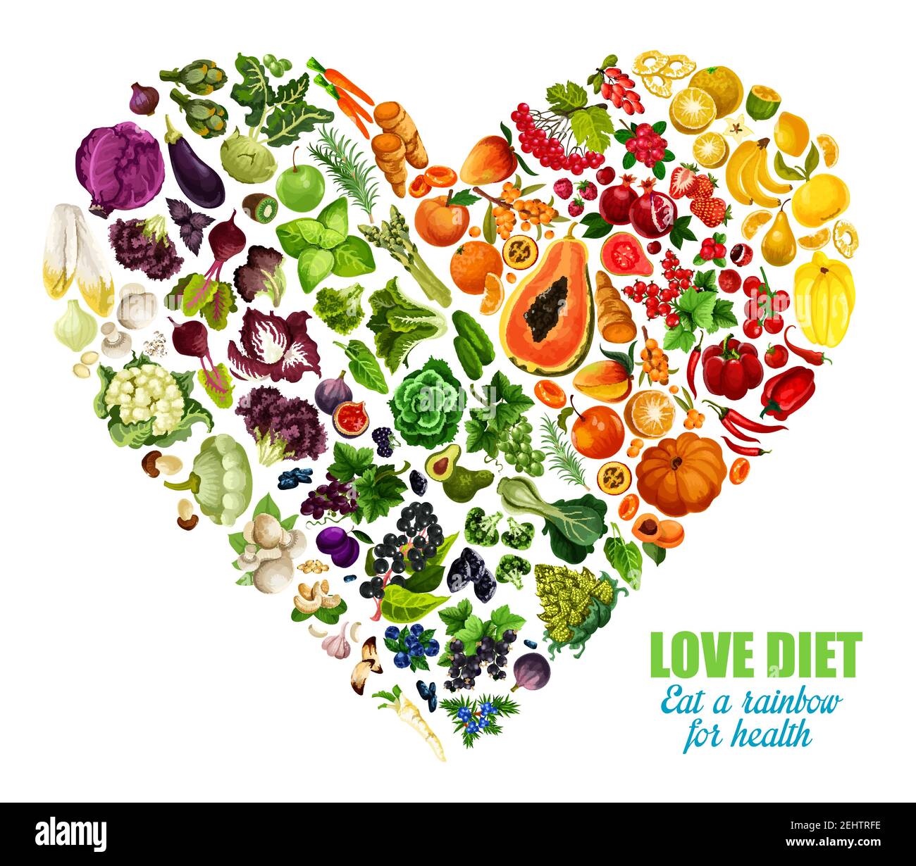 Color detox diet of vegetables and fruits, vector heart shape. Motto ...