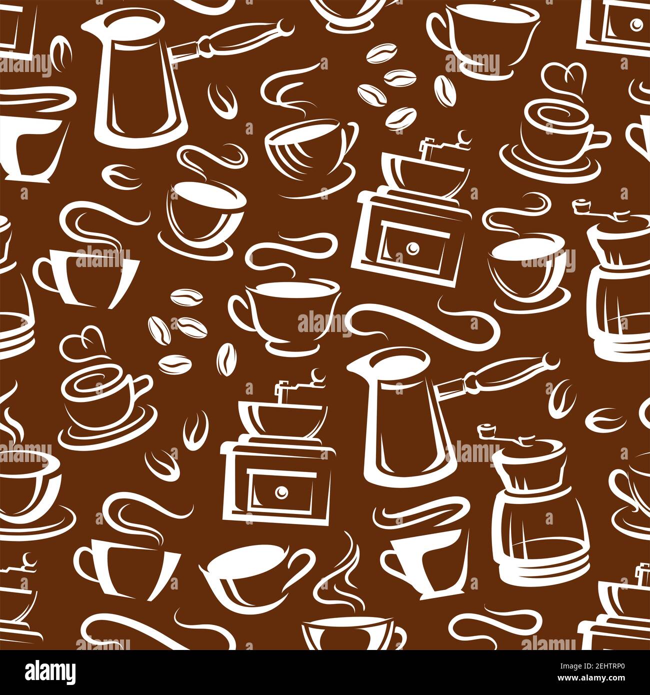 Brown steaming coffee pattern. Vector seamless background of coffee makers and cups with steam ...