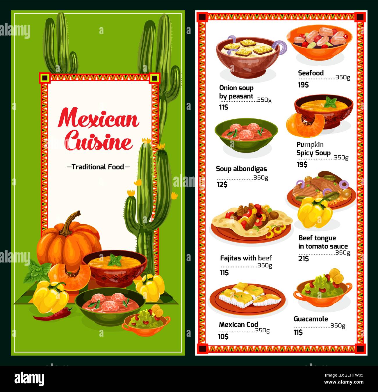 Mexican cuisine menu with dishes from Mexico, vector. Onion or pumpkin ...