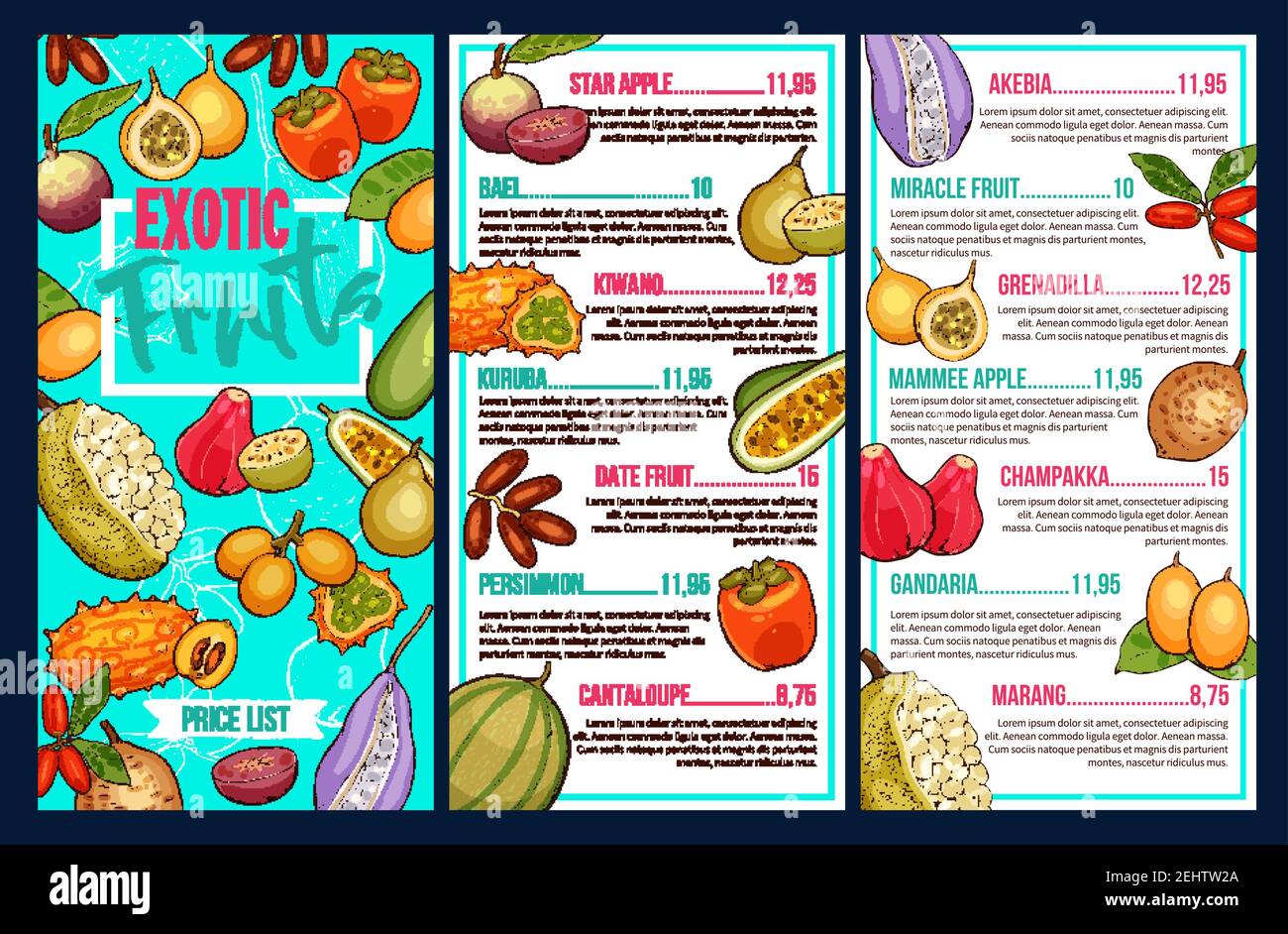 Exotic fruits price menu for farm market. Vector sketch design for star ...
