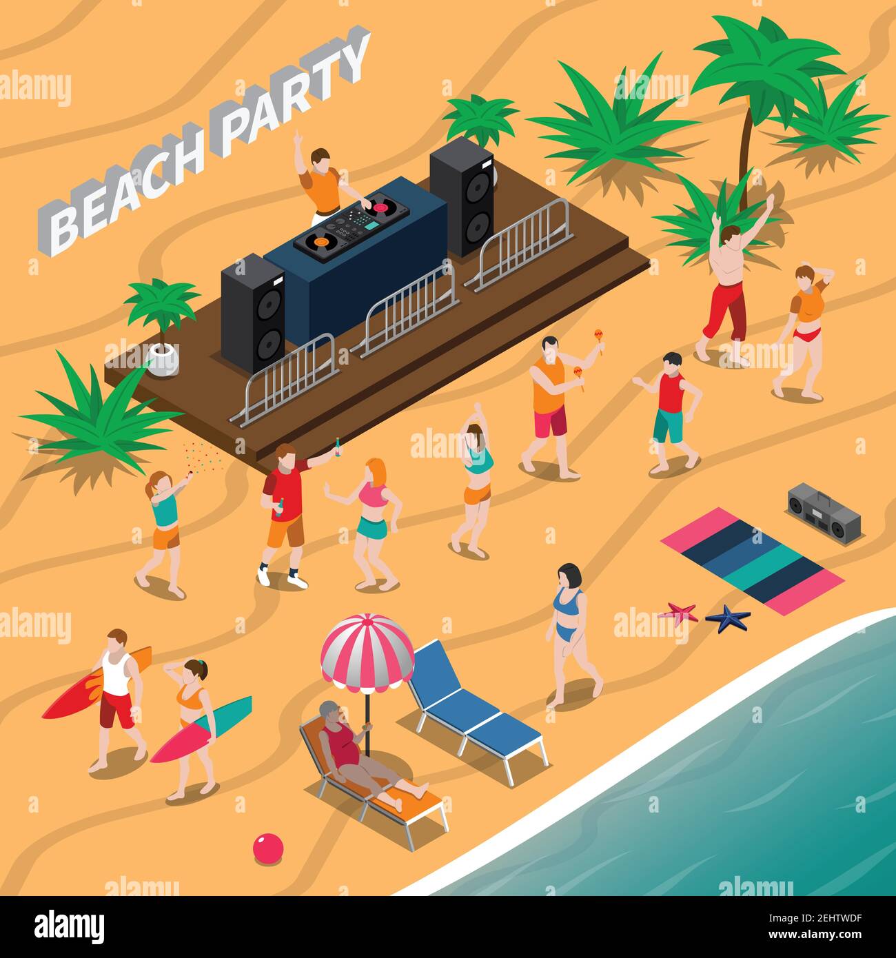 Beach party isometric composition with dj and music equipment, dancing ...