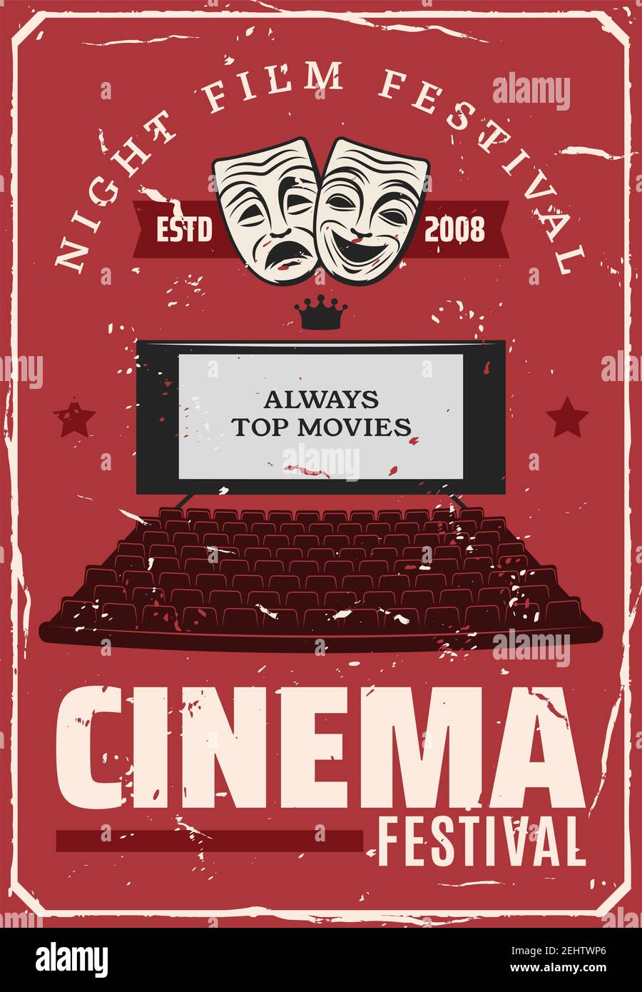 Cinema festival or movie premiere retro poster. Vector vintage cinema theater hall with chairs ...