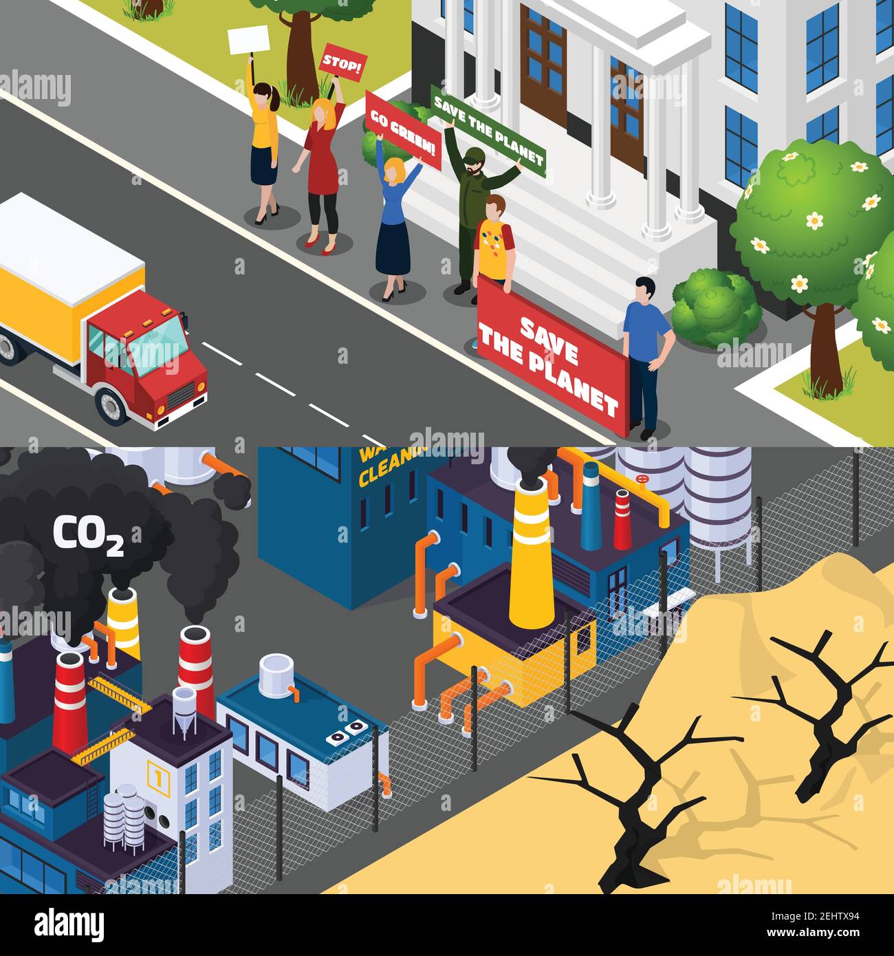 Global warming isometric horizontal banners with street manifestation ...