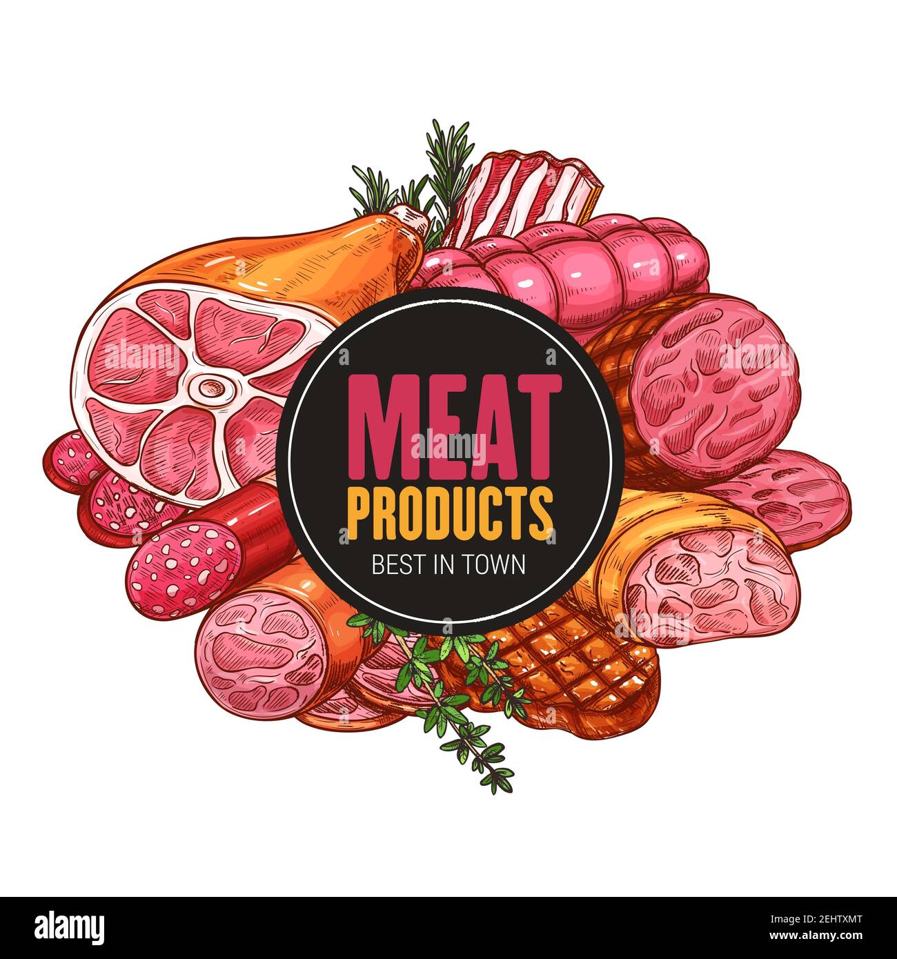 Butcher shop meat and sausages products. Vector farm butchery beef and ...