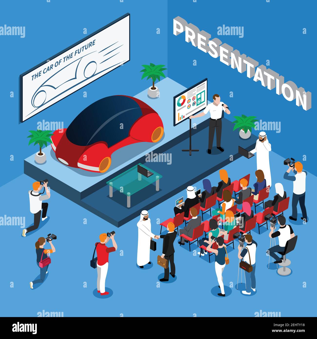 Car presentation isometric composition on blue background with orator ...