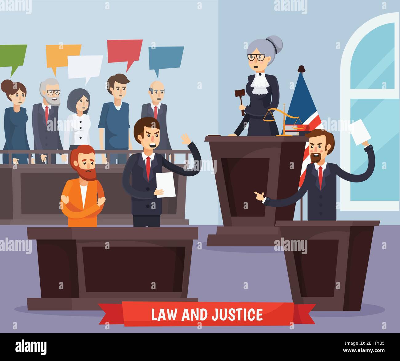 Court orthogonal composition including judge with gavel, prosecutor ...