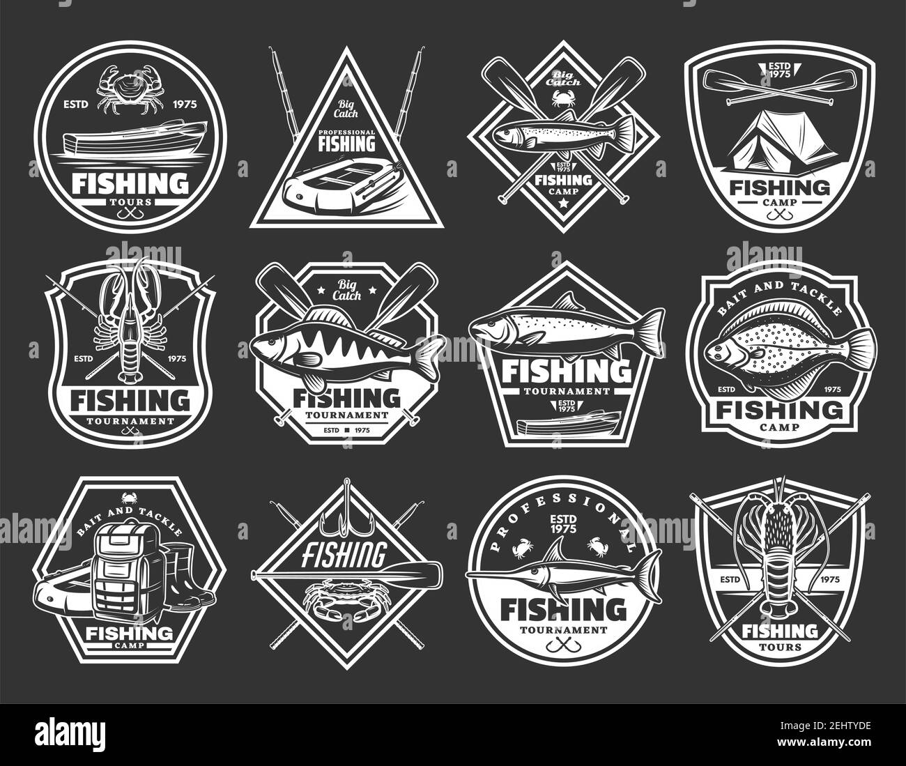 Fishing icons of fisher camp and fish sport catch. Vector isolated ...