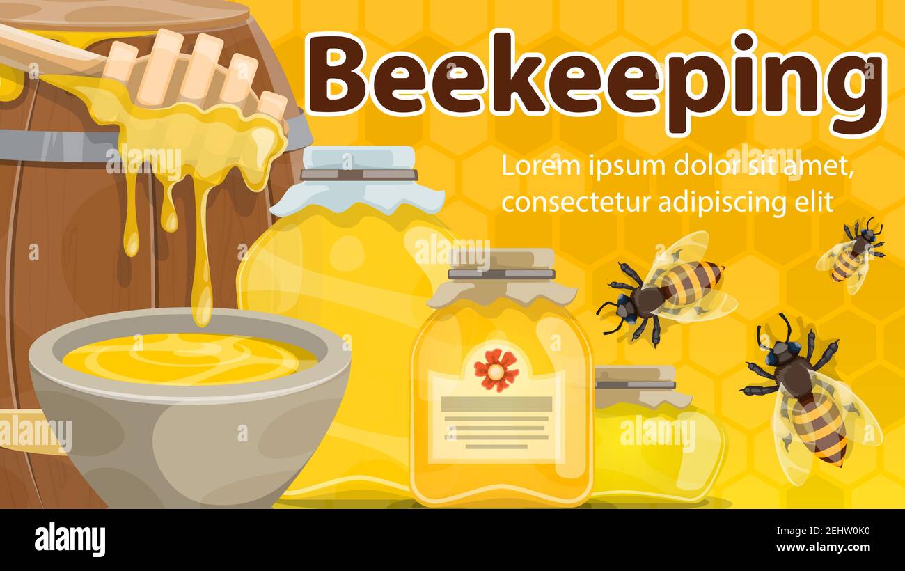 Beekeeping banner with honey and bee. Jar and barrel of natural honey ...