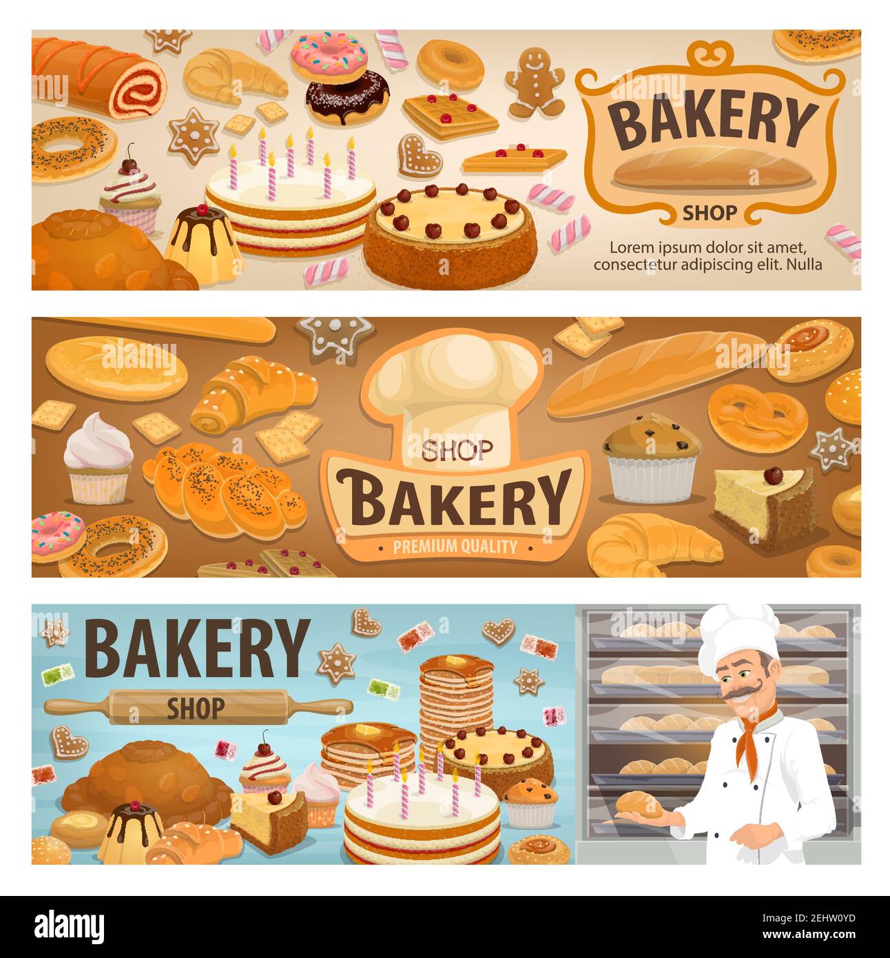 Bakery shop banners of bread and pastry desserts with sweet cakes ...