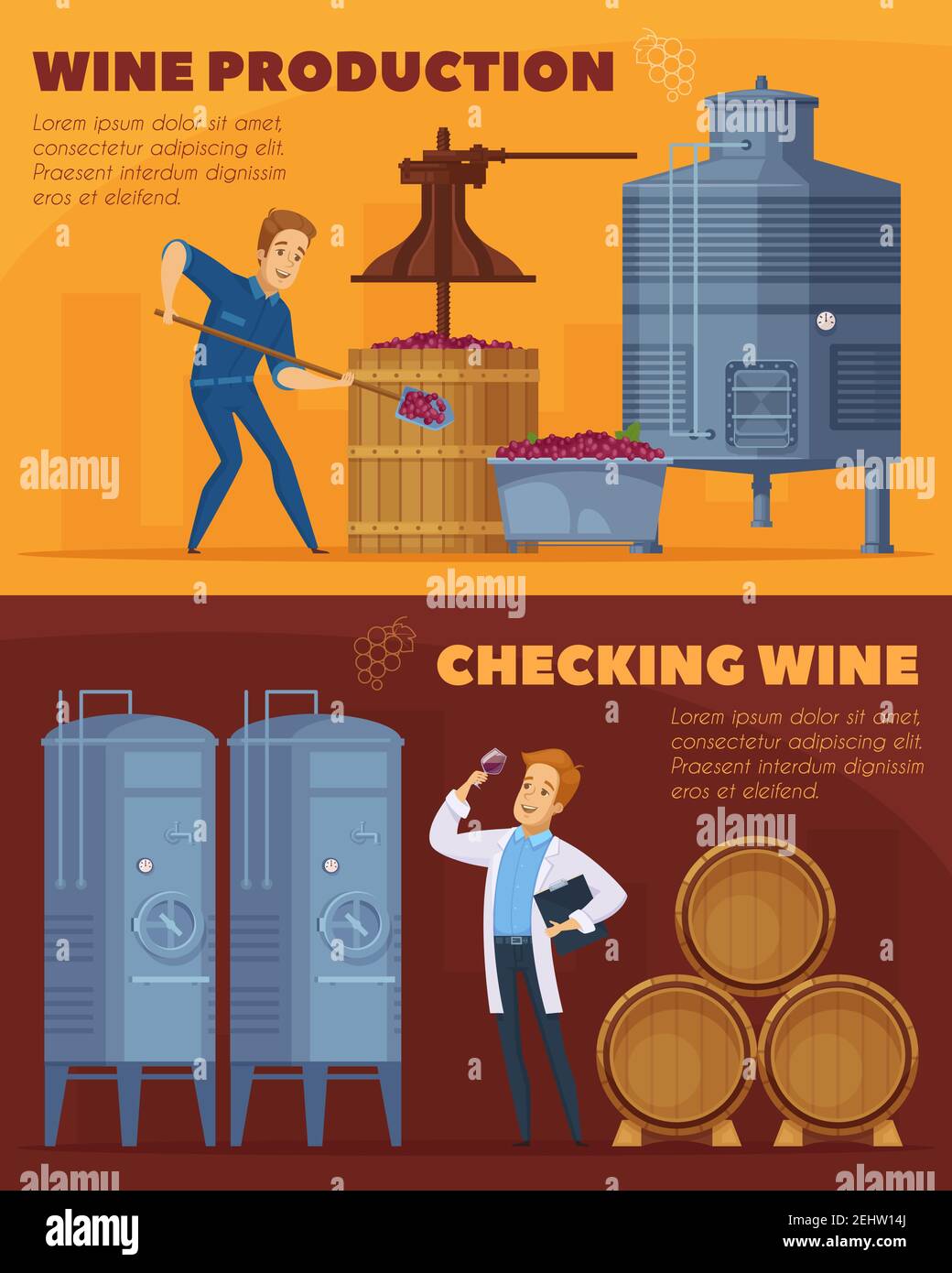 Wine production facility 2 cartoon horizontal banners set with grapes ...