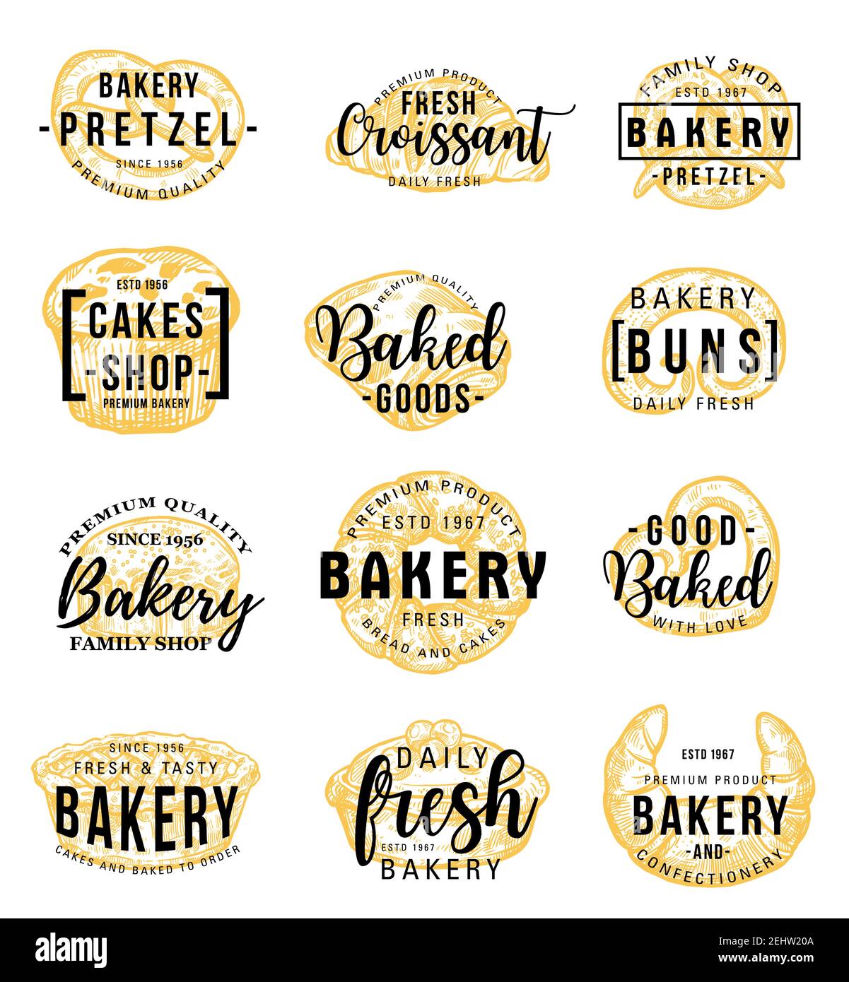 Bakery shop icons with lettering and signs. Vector pretzel and ...