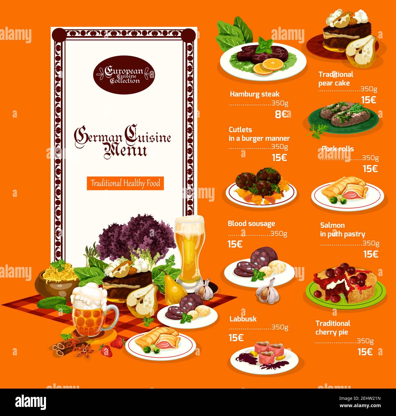 German cuisine menu, meat and vegetable dishes. Vector pear cake and ...