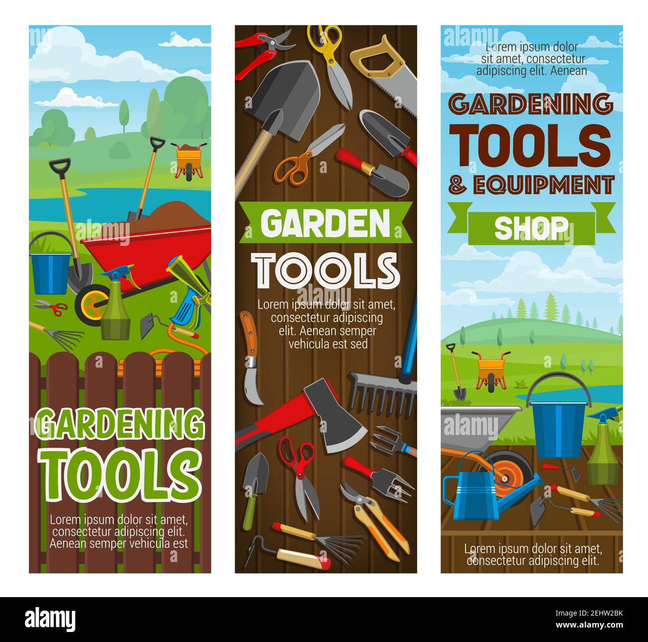 Gardening tools and equipment banners, garden center. Agriculture ...