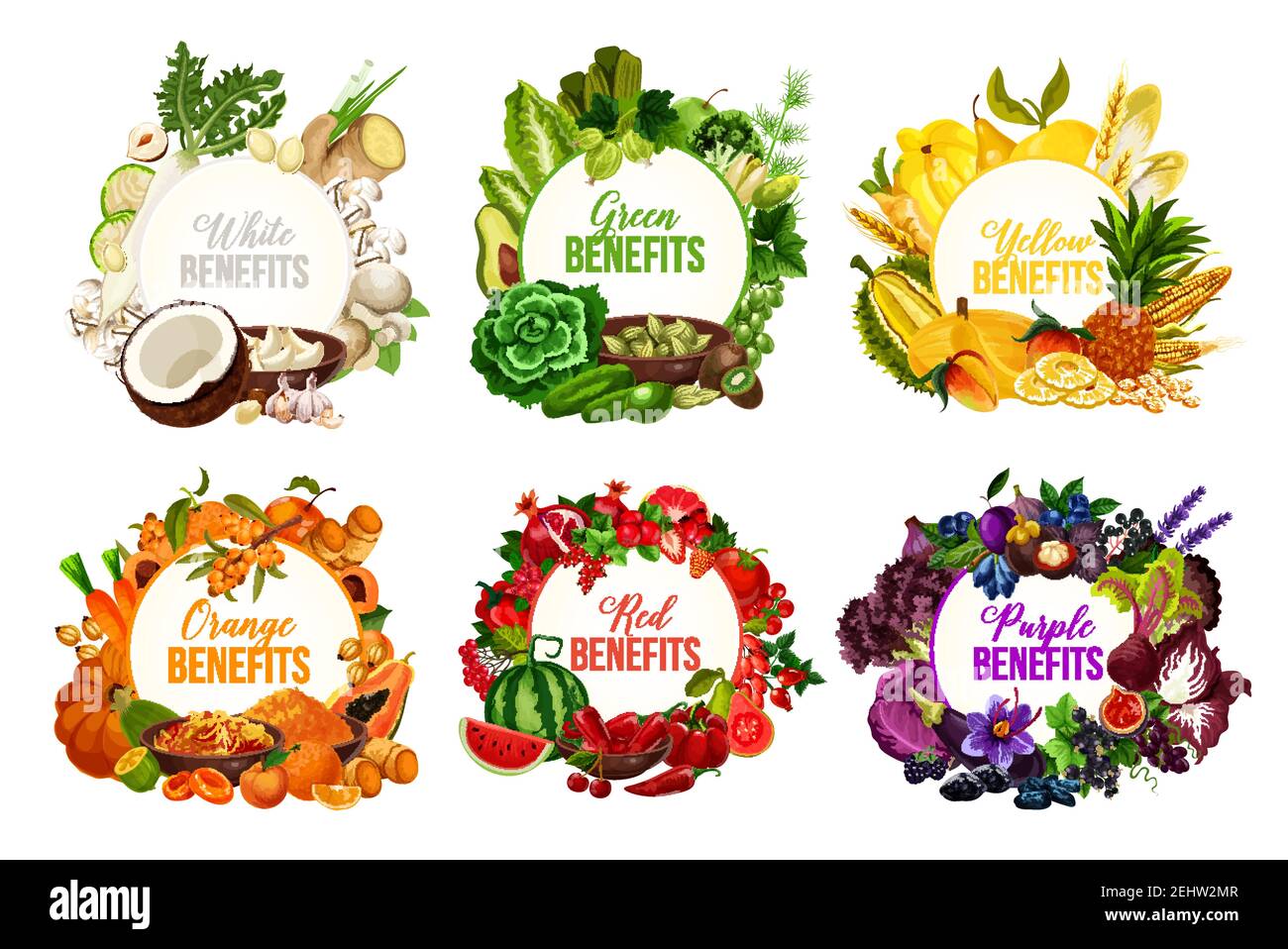 Fruits and vegetables, detox color diet vector icons. Berries and nuts ...