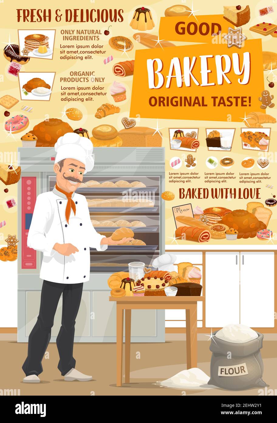 Bakery shop. Vector baker, bread and pastries. Pastry chef with bread ...