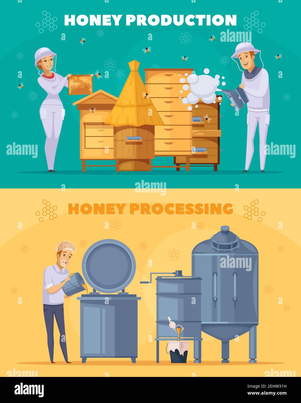Apiary bee farm production 2 cartoon horizontal banners set with honey ...