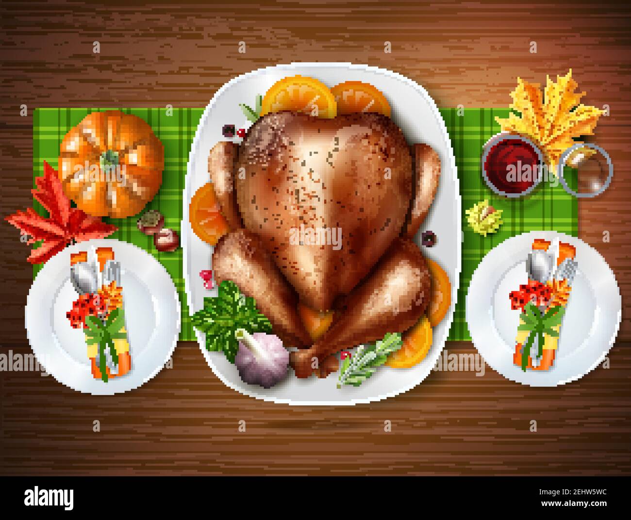 Colored realistic top turkey composition with a table with treats for ...