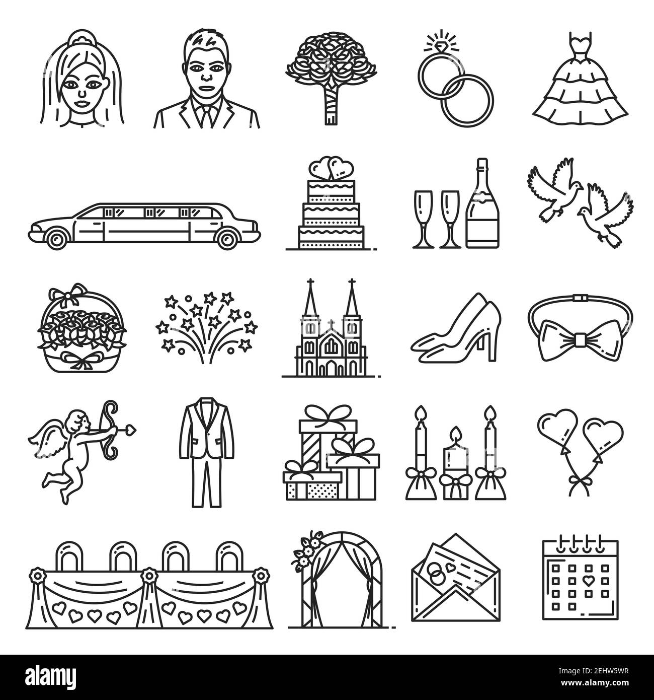 Wedding and marriage linear icons. Vector outline heart love, wedding ...