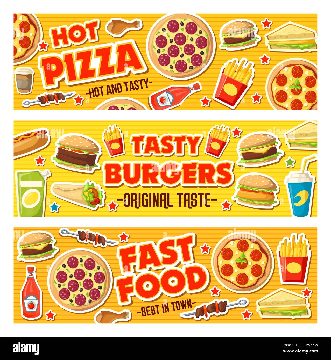 Fast food meals banners, restaurant menu. Vector pizza and french fries ...