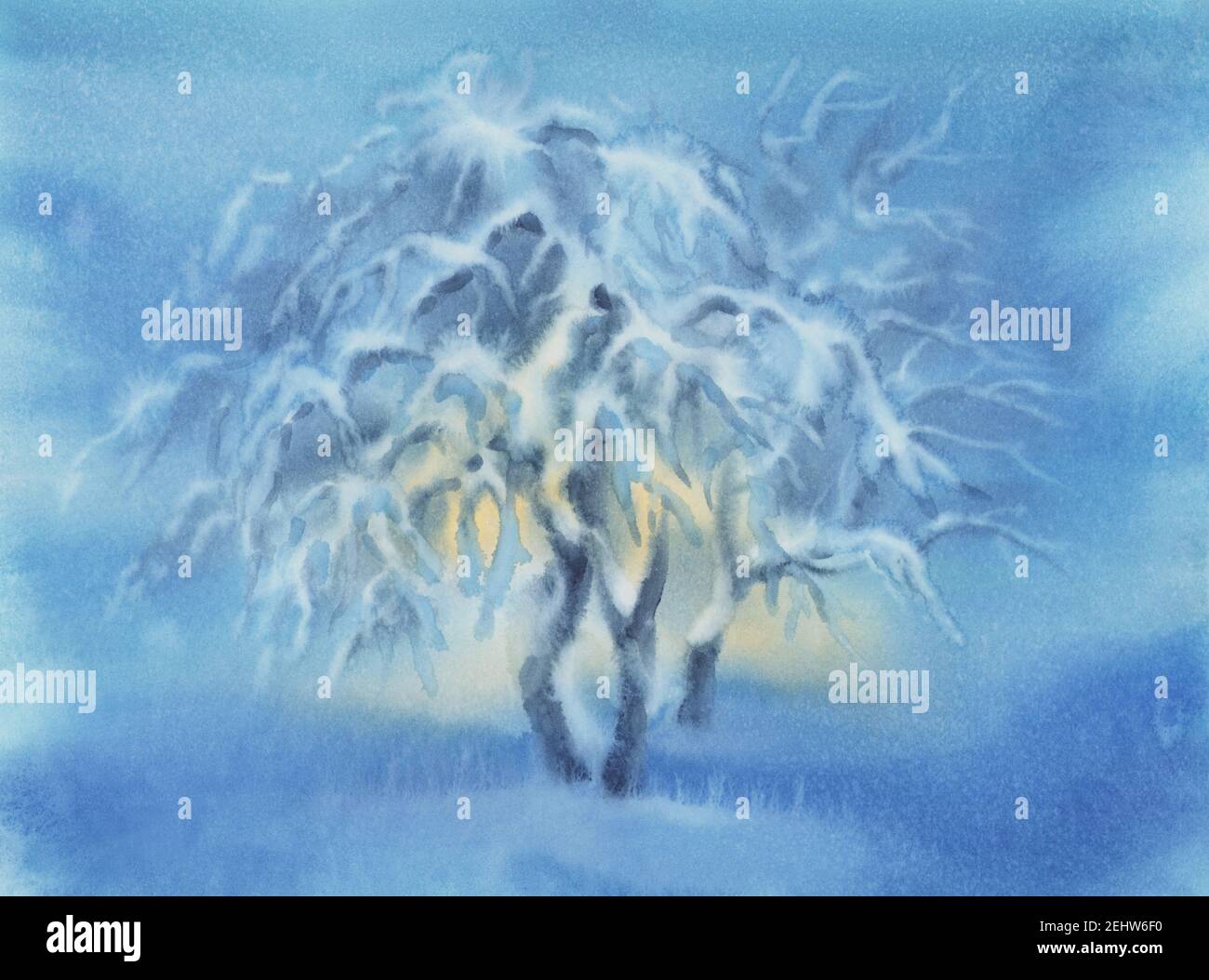 Winter landscape with frozen apple tree and snow in blue. Watercolor ...