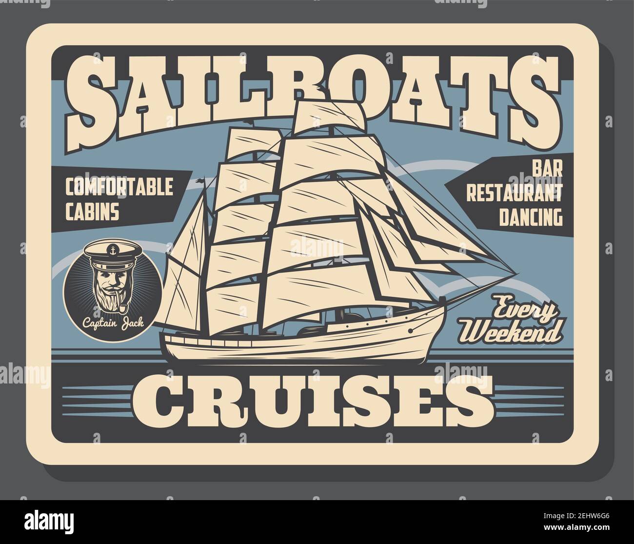 Vector retro poster of nautical adventure and sea or ocean seafarer ...