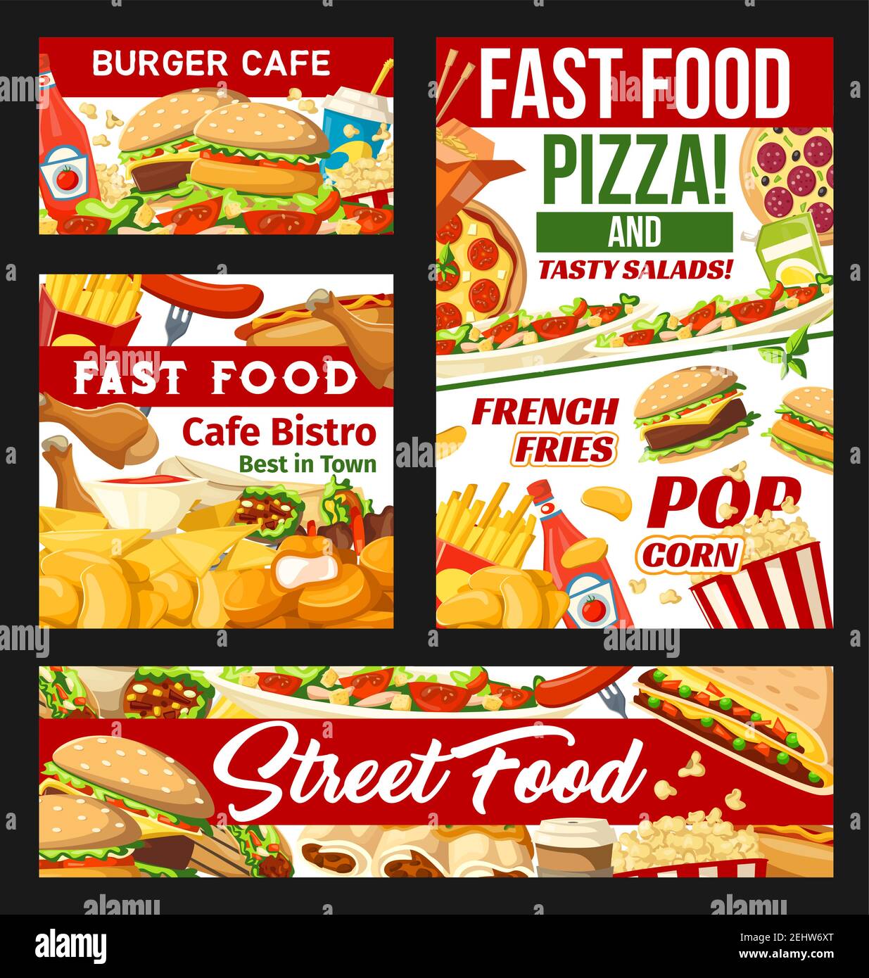 Fast food and snacks vector banners. Burgers, sandwiches, pizza and ...