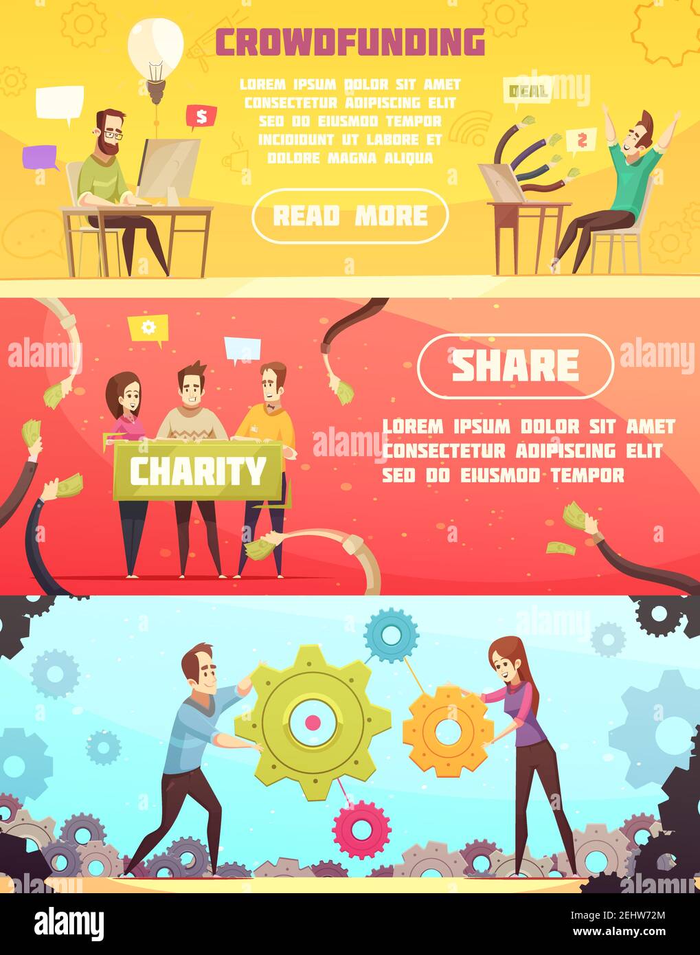 Crowdfunding horizontal banners with cartoon characters of creative ...