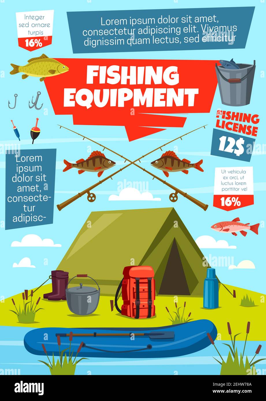 Fishing sport equipment and fisherman tackle with fish catch. Vector ...