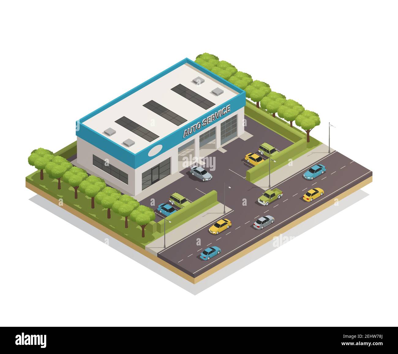 Isometric composition with parked cars near auto service center on ...