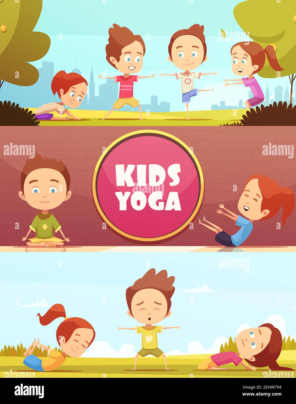 Kids yoga horizontal banners with cartoon images of children doing yoga ...