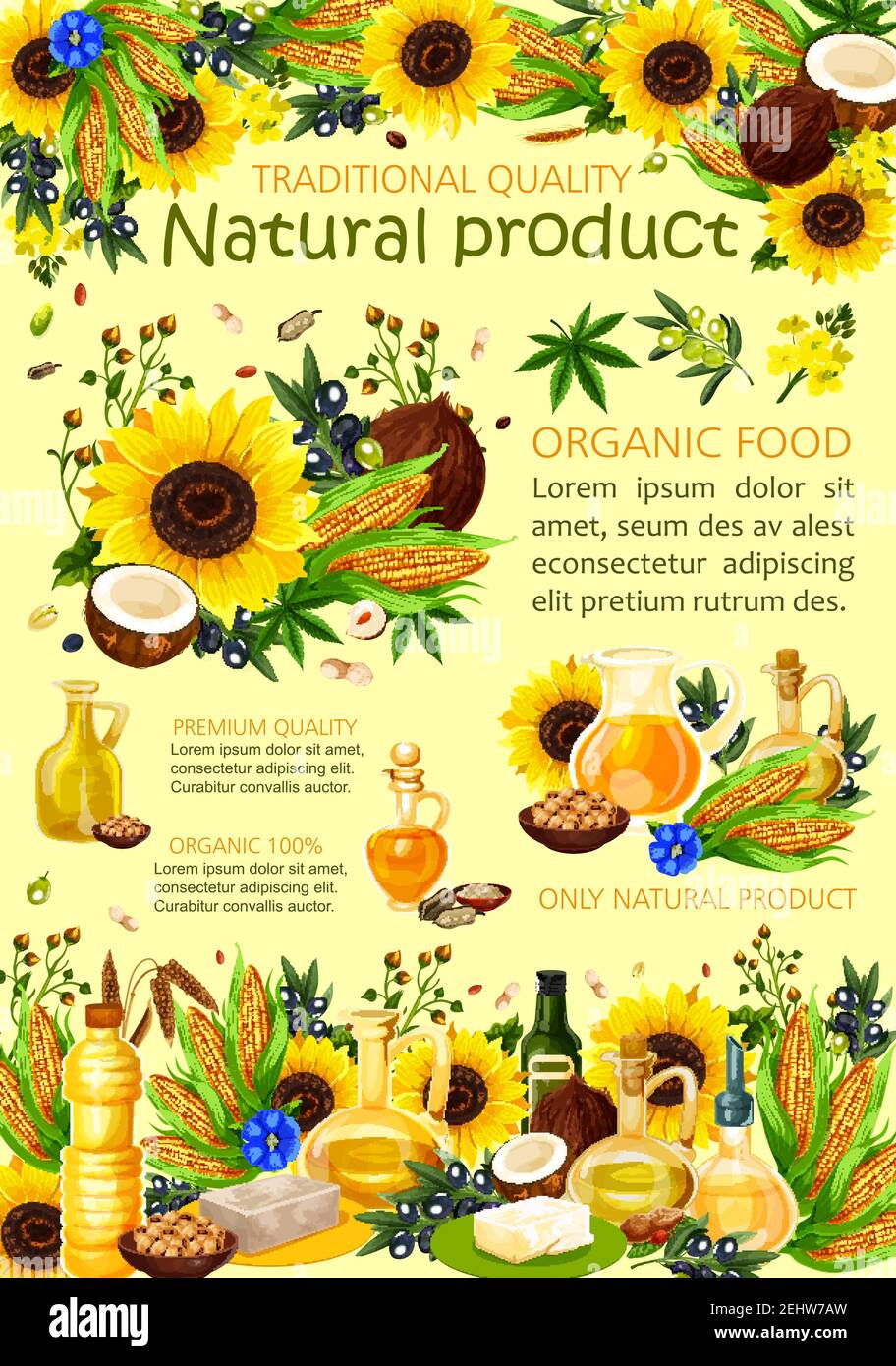 Vegetable oils cooking poster, organic natural food. Vector sunflower ...