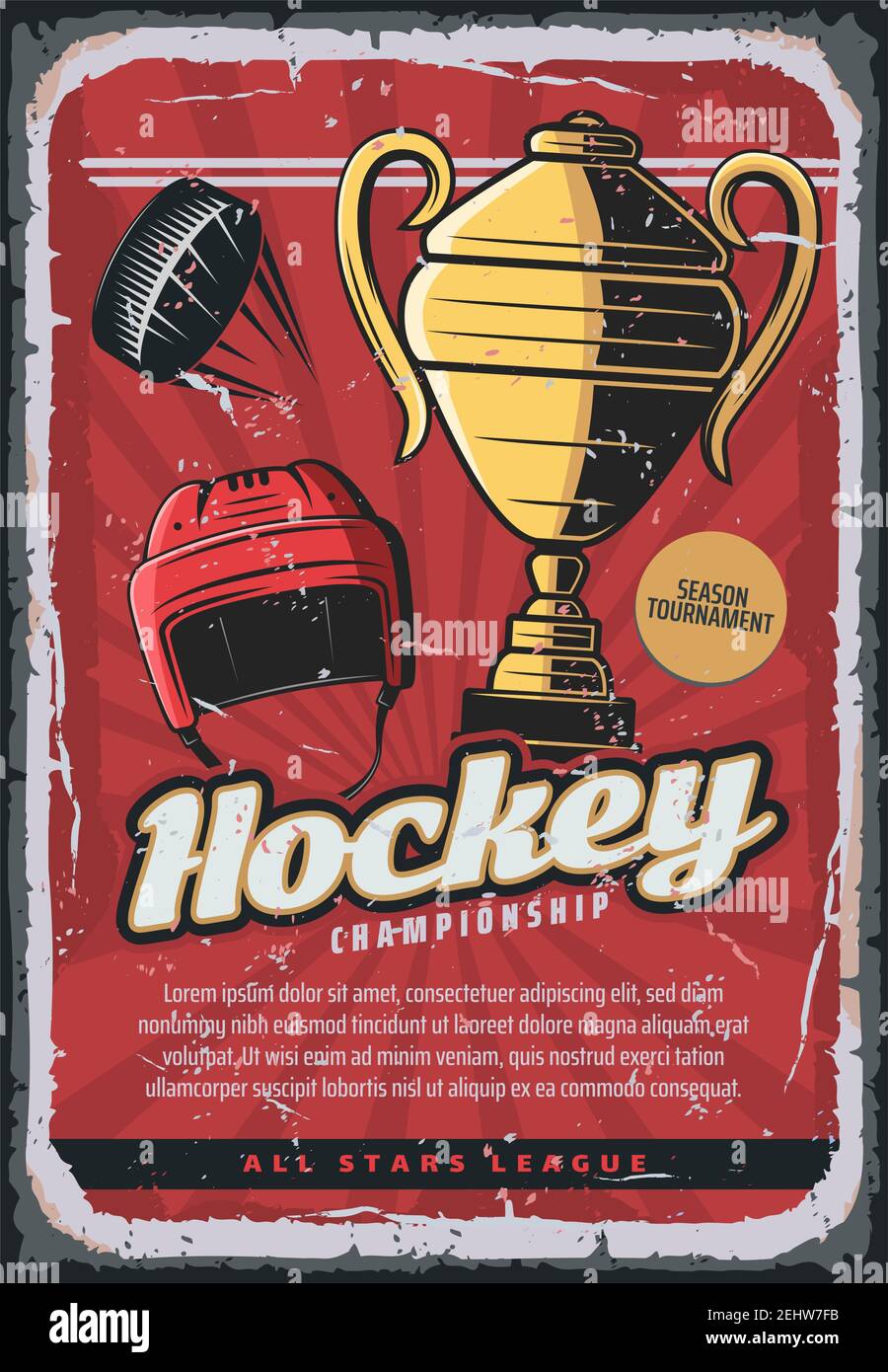 Sport retro poster of ice hockey game. Vector puck and helmet with gold ...