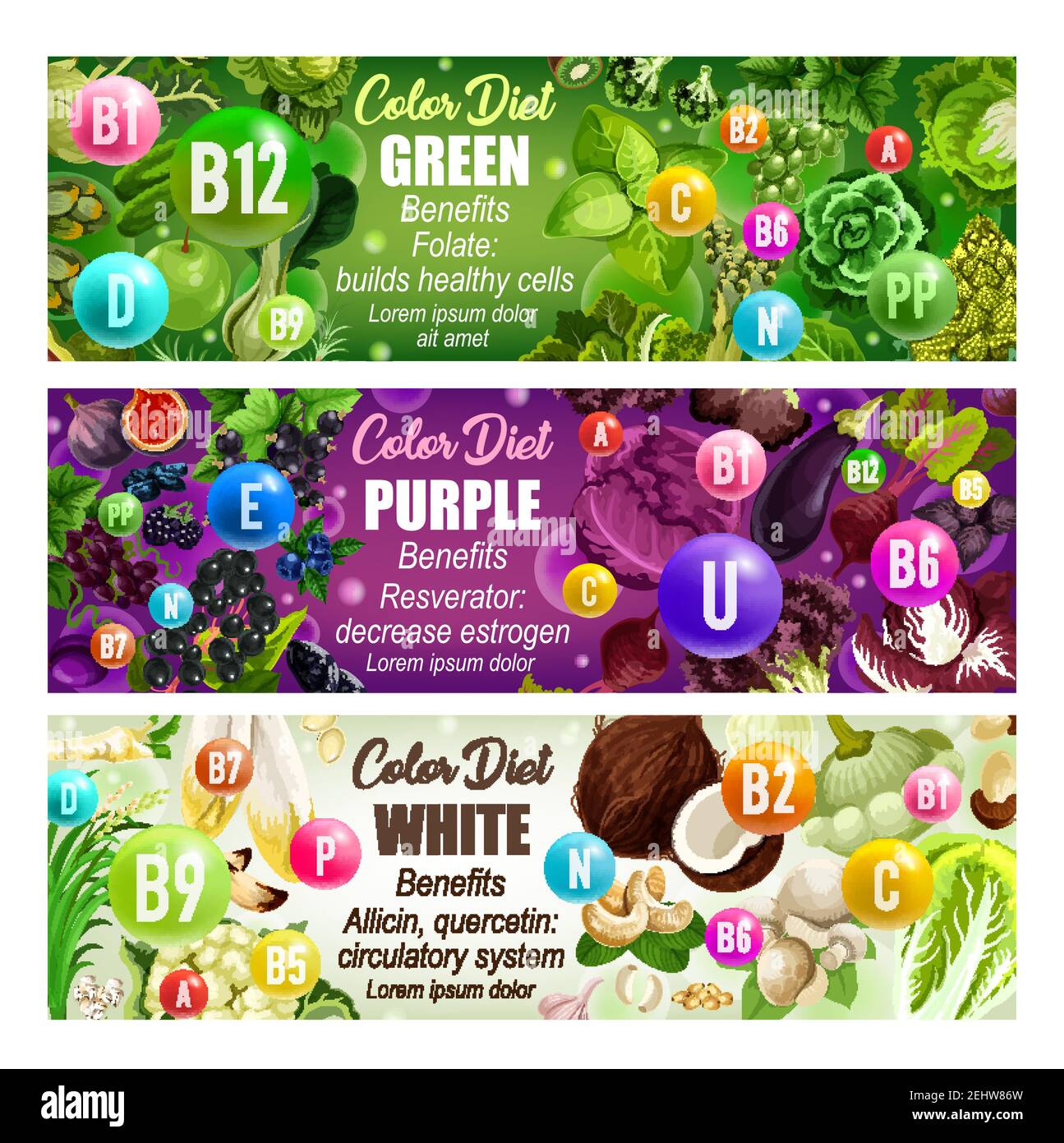 Green, purple and white color diet ingredients. Vitamins banners with ...