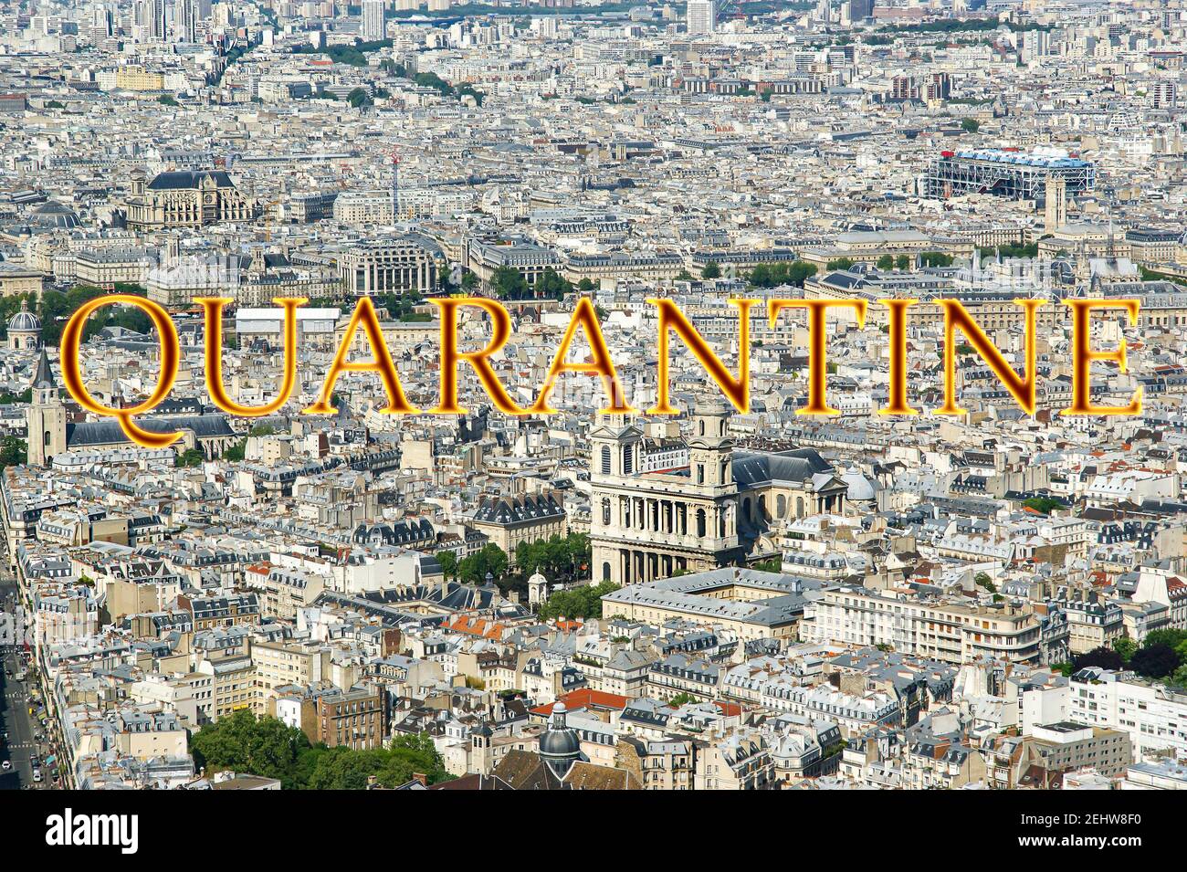 Coronavirus in Paris (city skyline), France. Quarantine sign. Concept ...