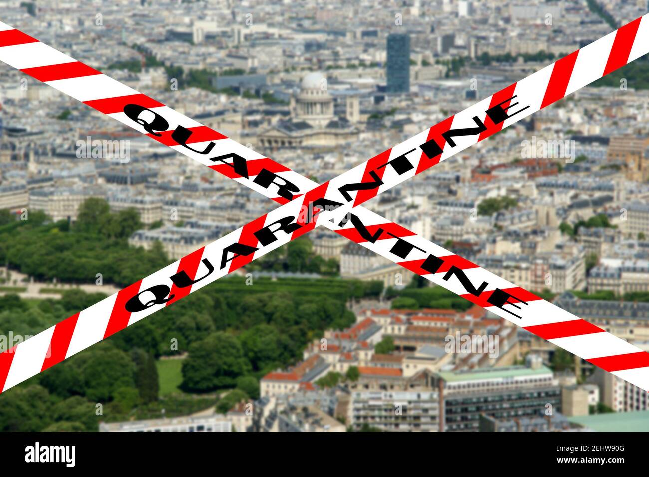 Coronavirus in Paris (city skyline), France. Quarantine sign on a ...