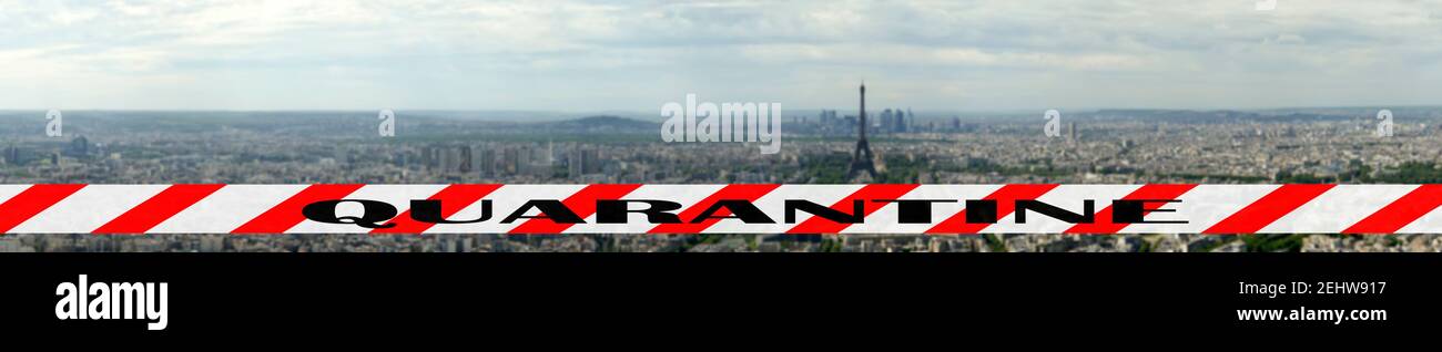 Coronavirus in Paris (city skyline), France. Quarantine sign on a ...