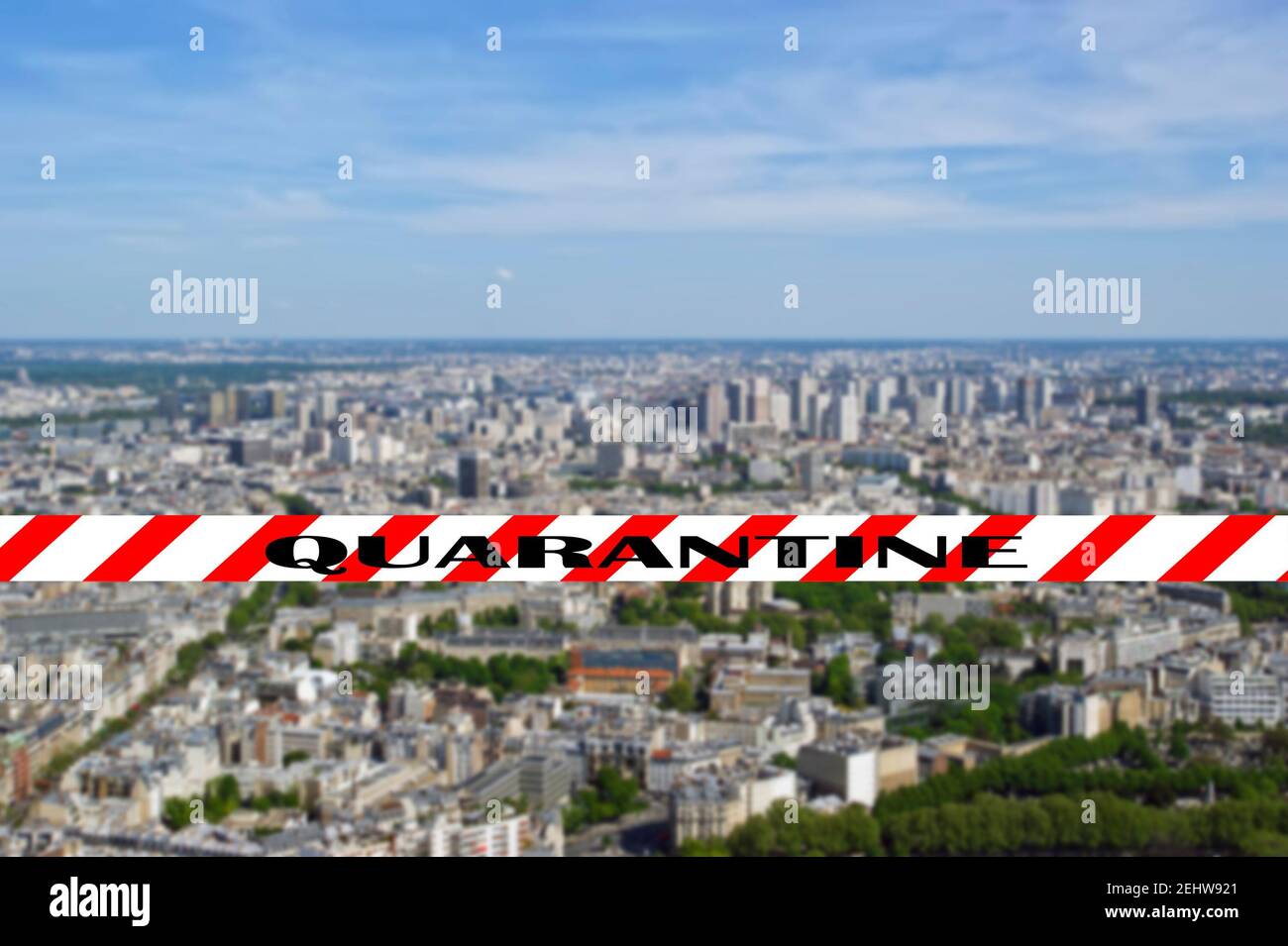 Coronavirus in Paris (city skyline), France. Quarantine sign on a ...