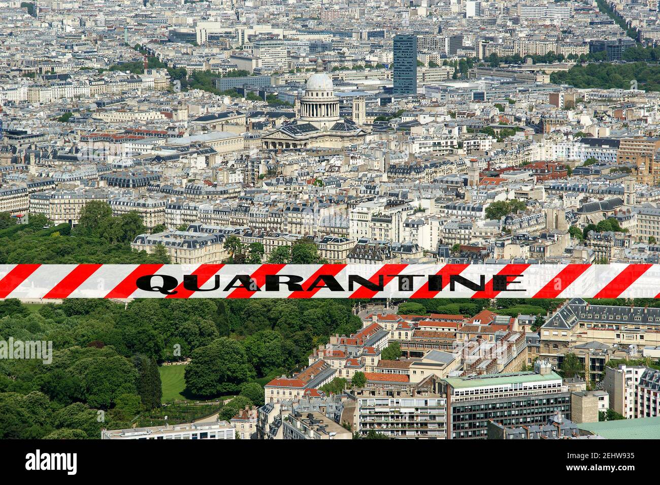 Coronavirus in Paris (city skyline), France. Quarantine sign. Concept ...