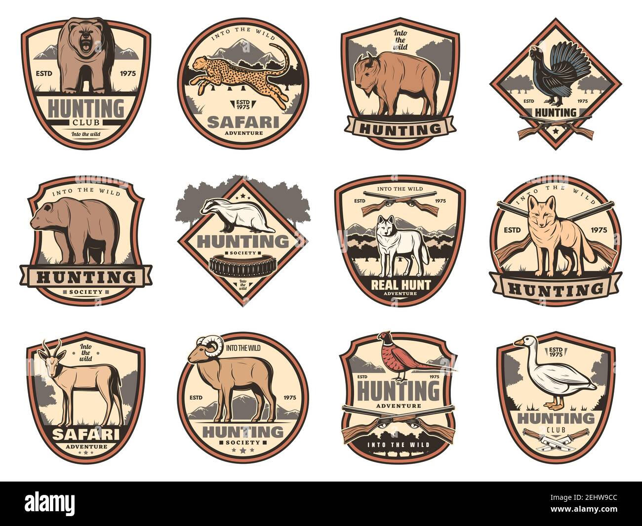 Hunting sport heraldic icons of hunter guns, animals and birds. Deer ...
