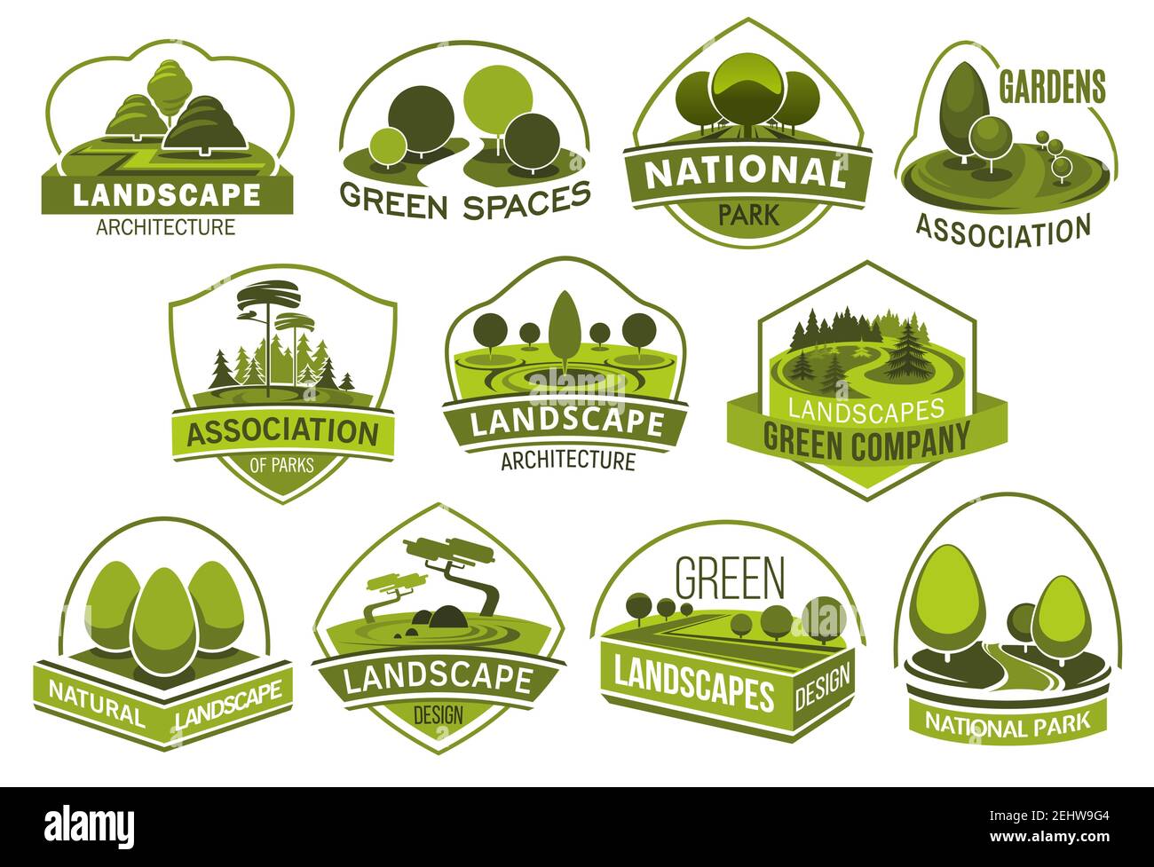Landscape design company vector icons, urban horticulture planting ...