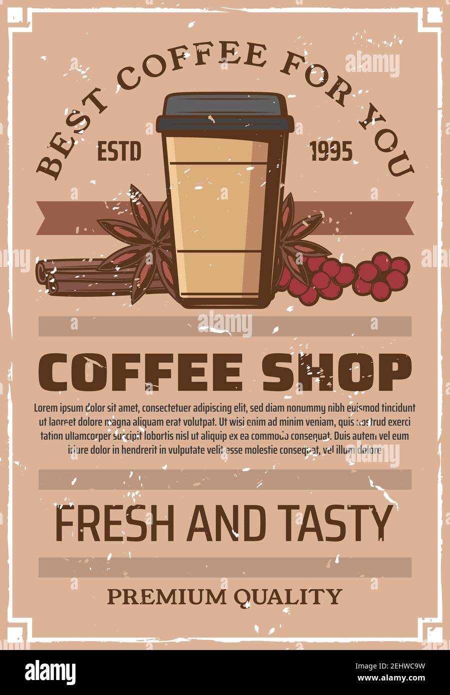 Retro coffee shop vector poster with paper cup and spices. Takeaway ...