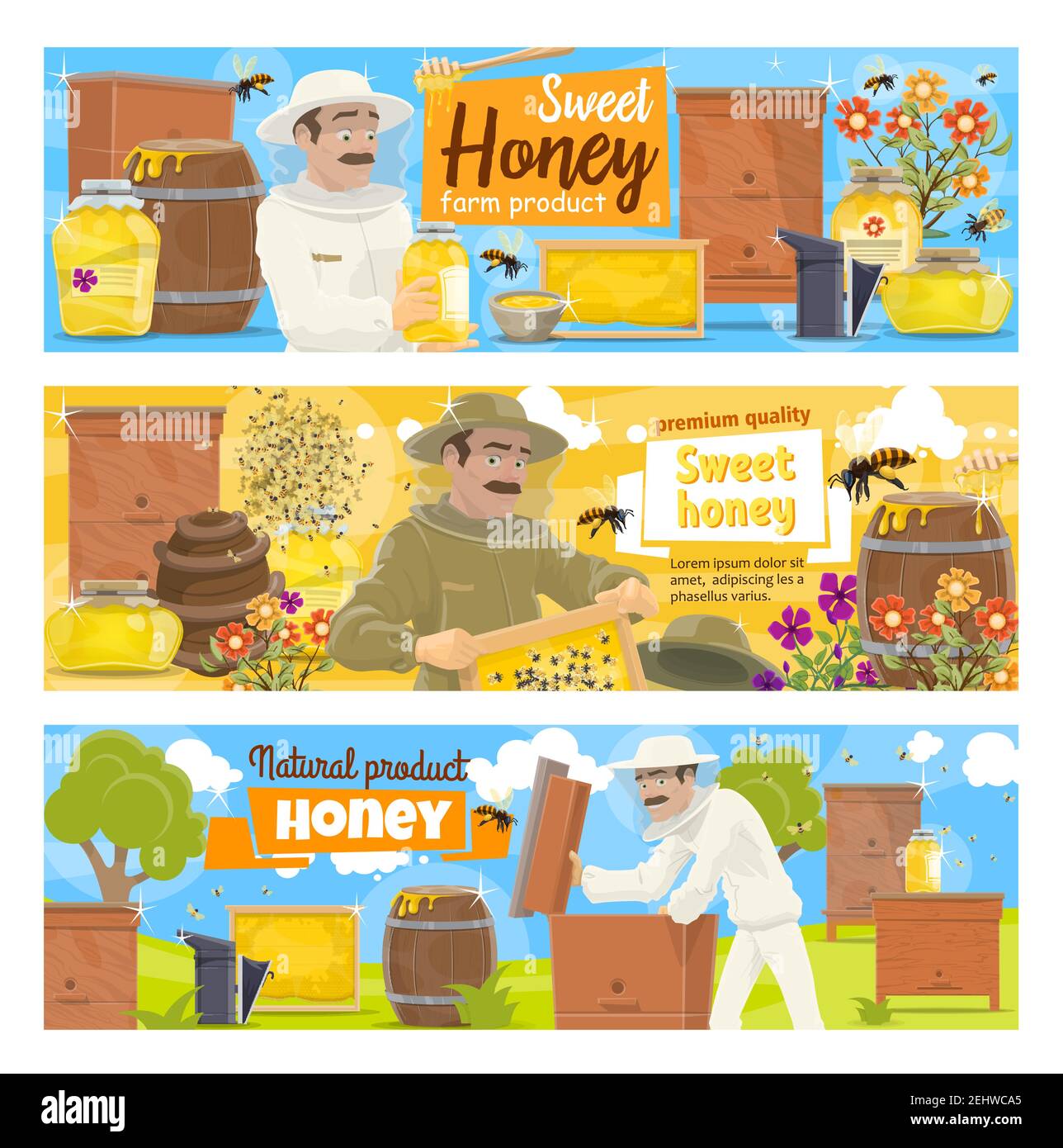 Beekeeping farm and beekeeper vector character. Cartoon man at apiary ...