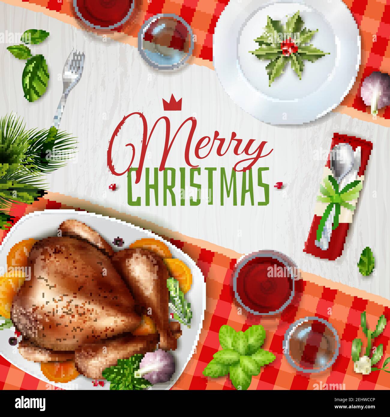 Colored realistic turkey christmas illustration with festive table and ...