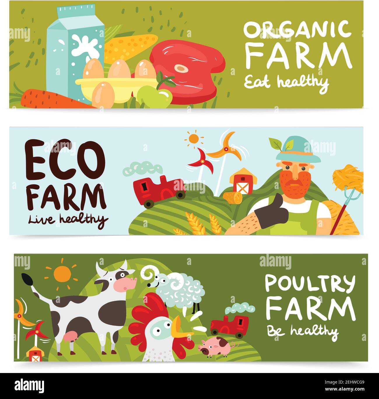 Set of horizontal banners with organic products, eco farm and fresh ...