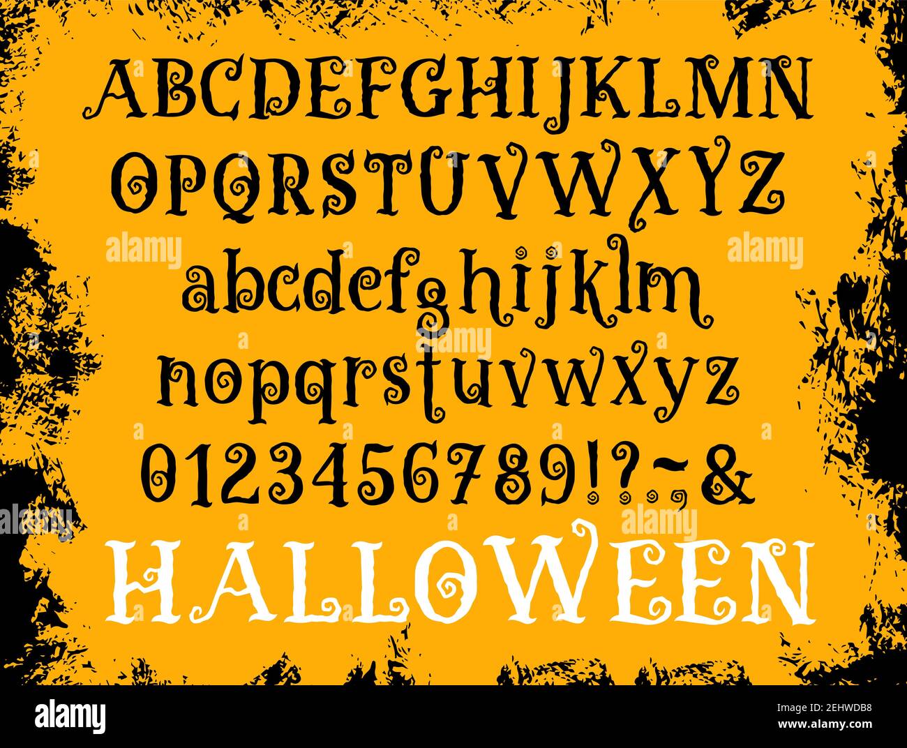 Halloween font of cartoon abc alphabet. Vector old curly hand drawn or ...