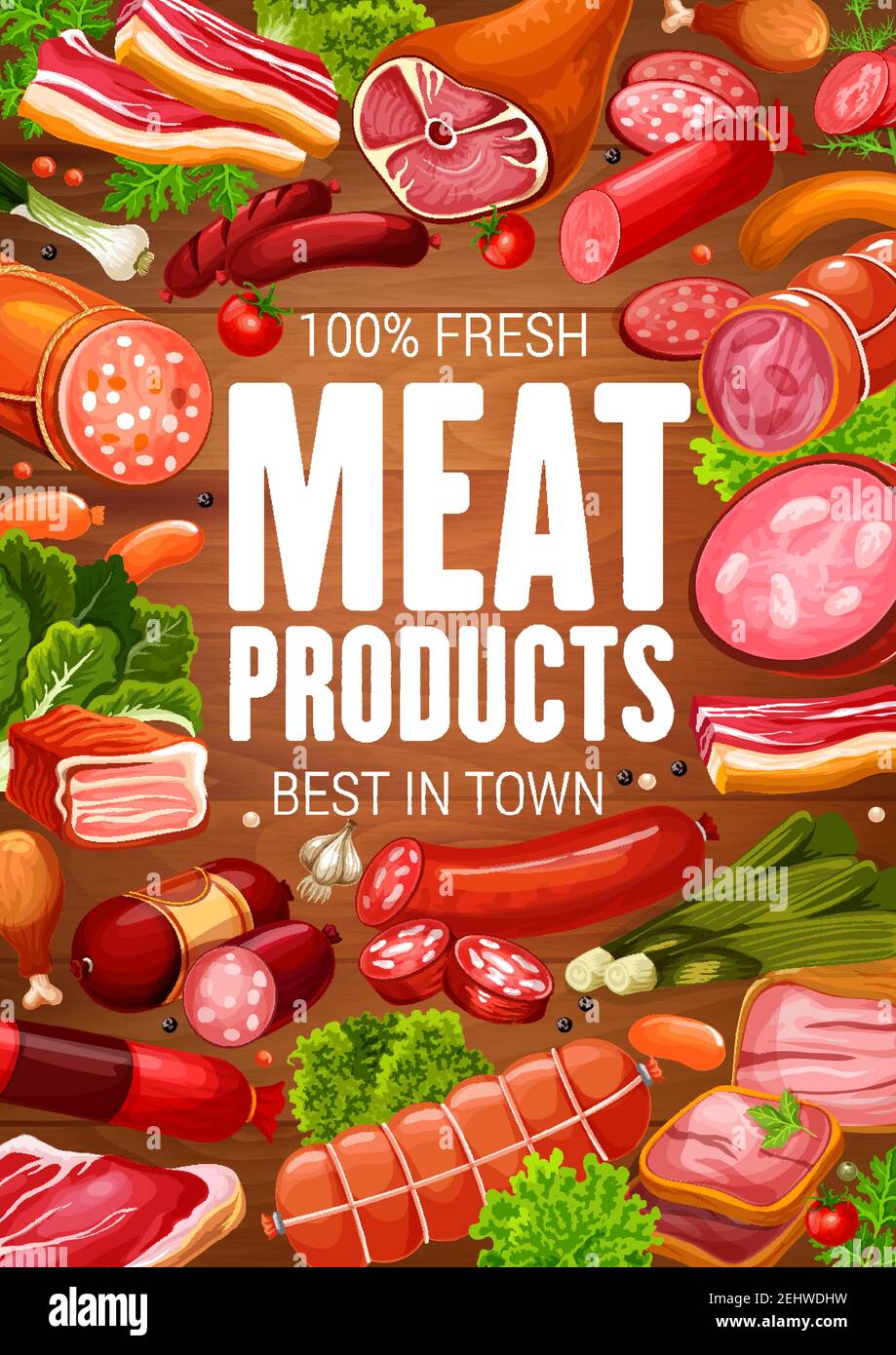 Meat And Sausages Poster For Butcher Shop Or Gourmet Delicatessen