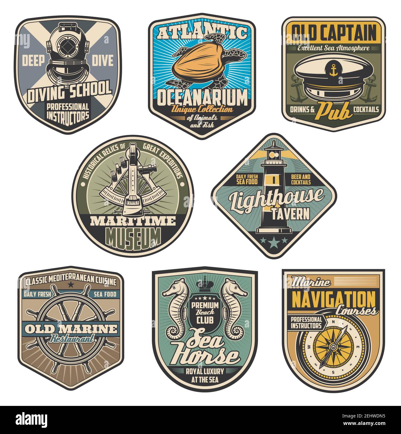 Marine and nautical vintage badges. Vector diving elment, lighthouse ...