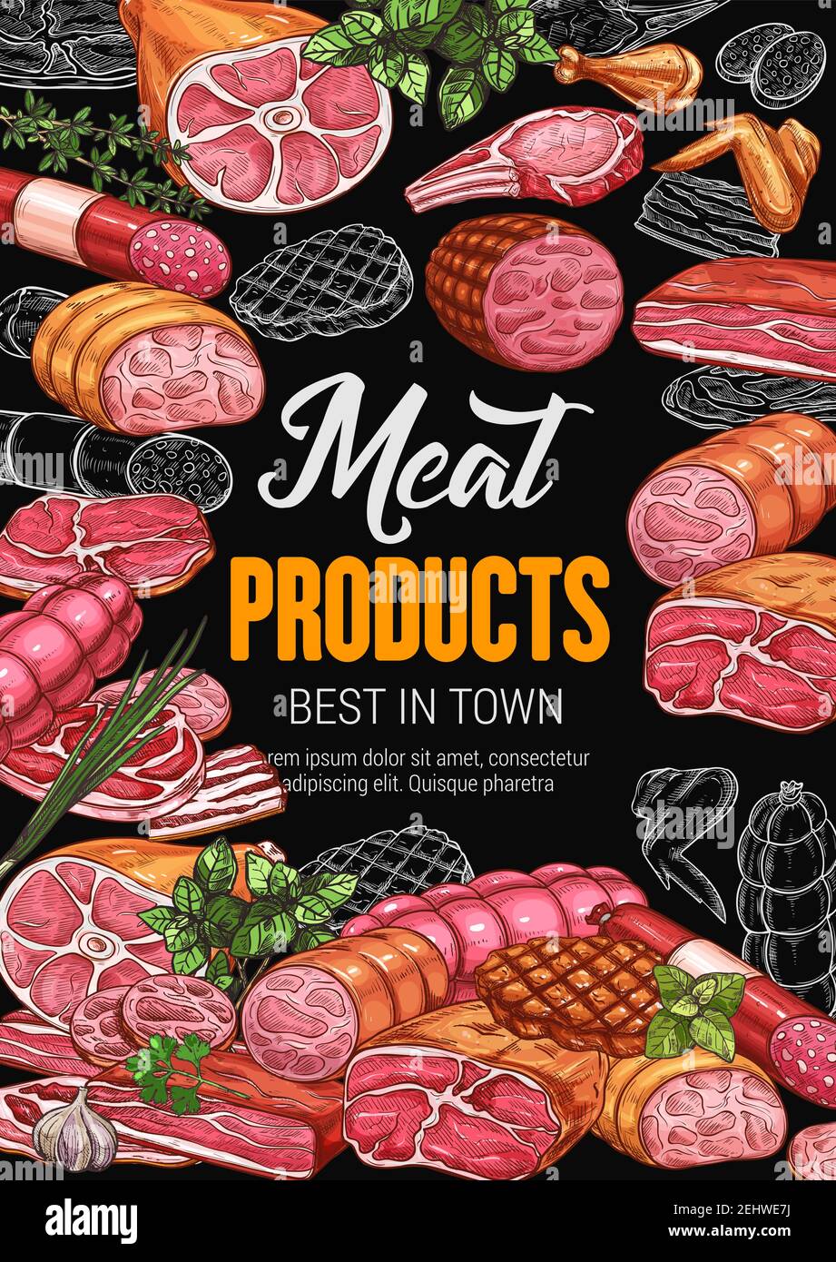 Butchery shop poster with meat products. Sausage and bacon, gammon and ...