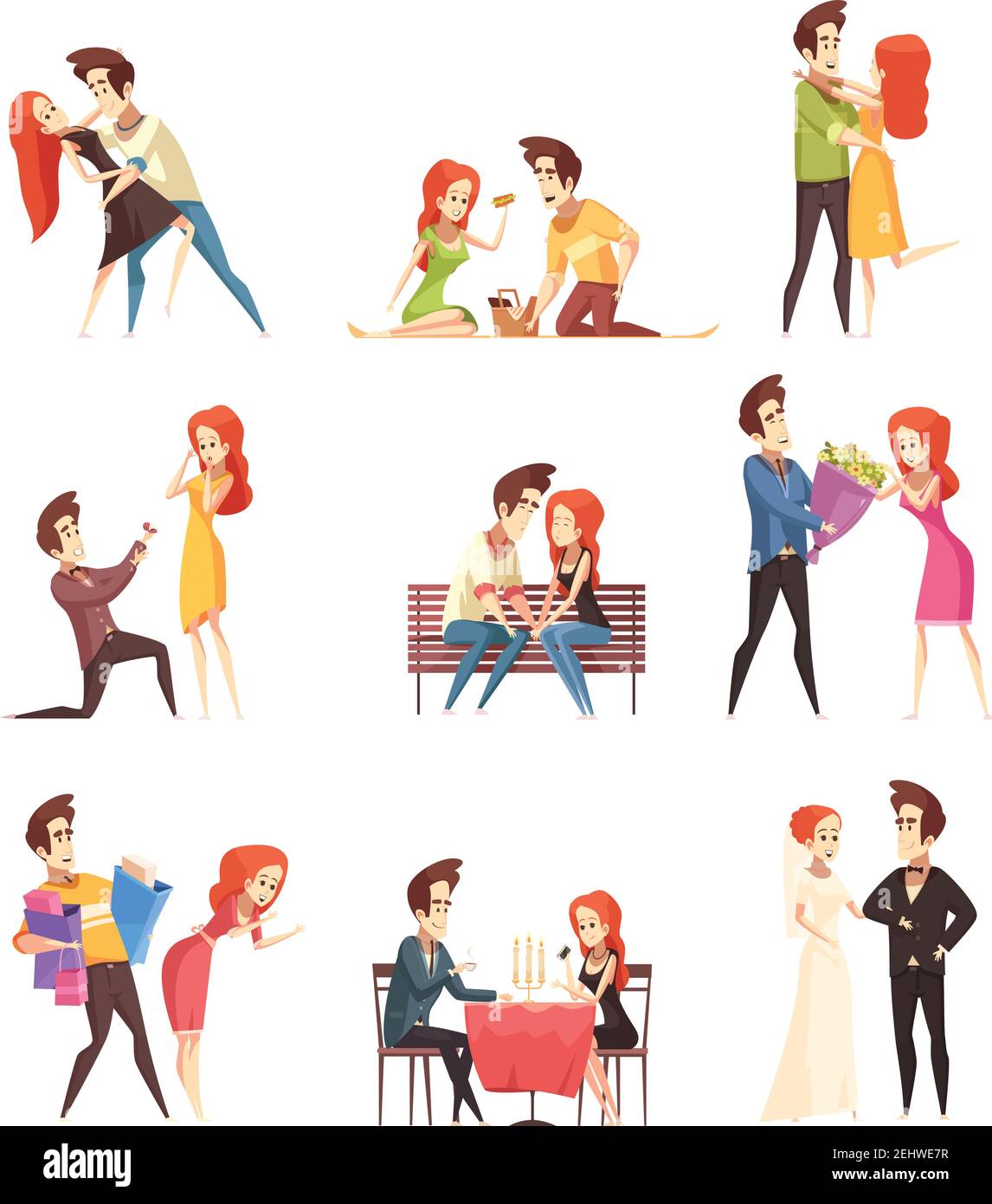Couple in love flat decorative elements with young women and men ...