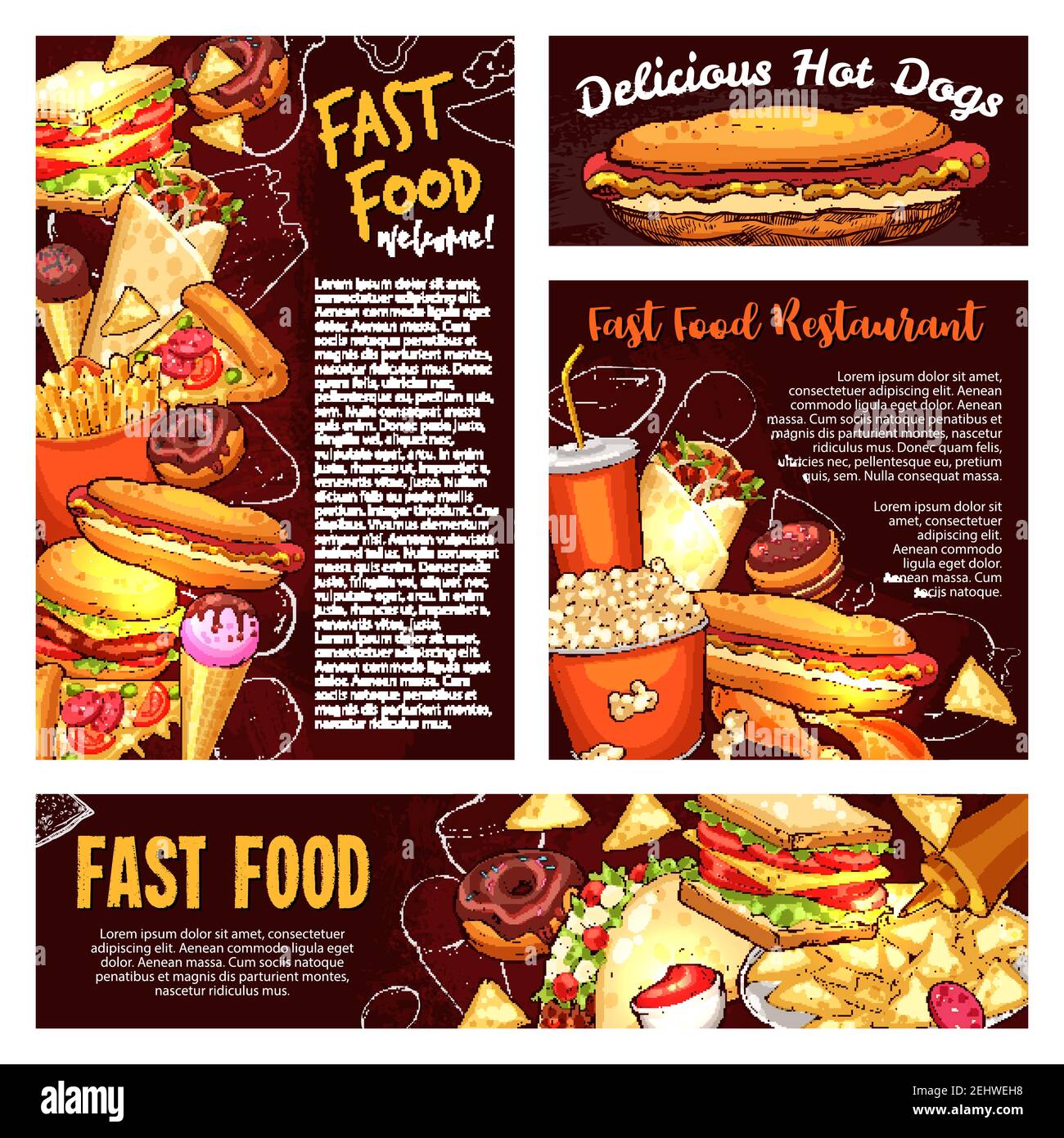 Fastfood menu banners, vector sketch. Street food and soda, burger and ...